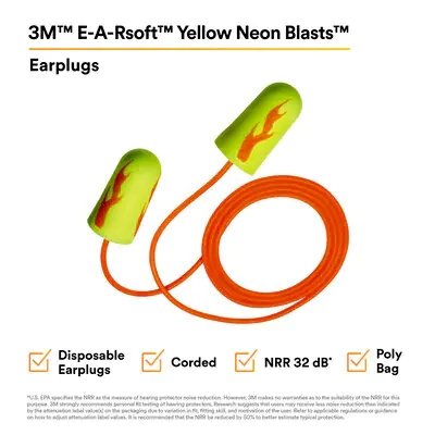 3M E-A-R Yellow Neon Blasts Earplugs 311-1252, Corded, 100 Pair / Box ...