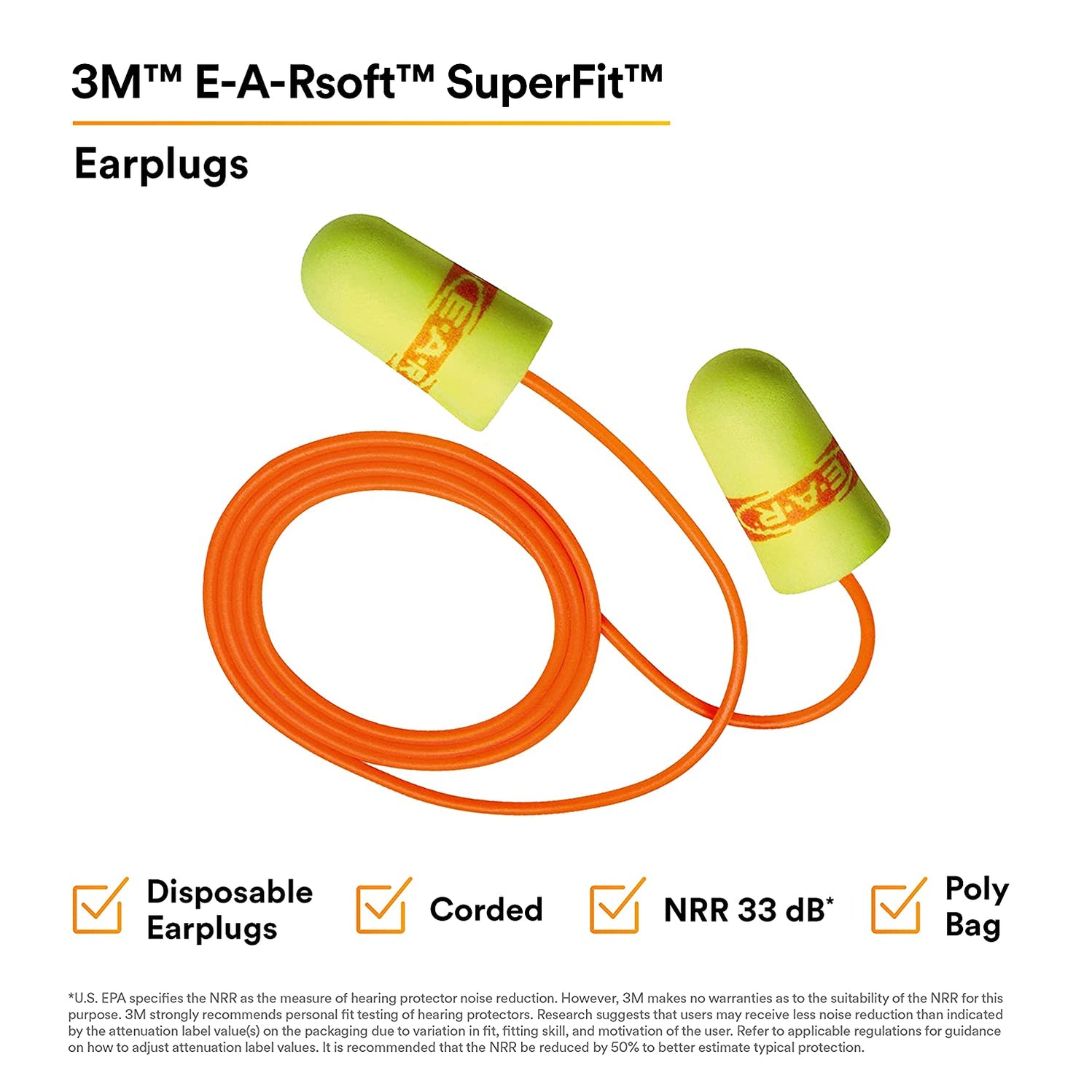 3M E-A-Rsoft SuperFit Earplugs 311-1254, Corded, NRR (Noise Reduction ...